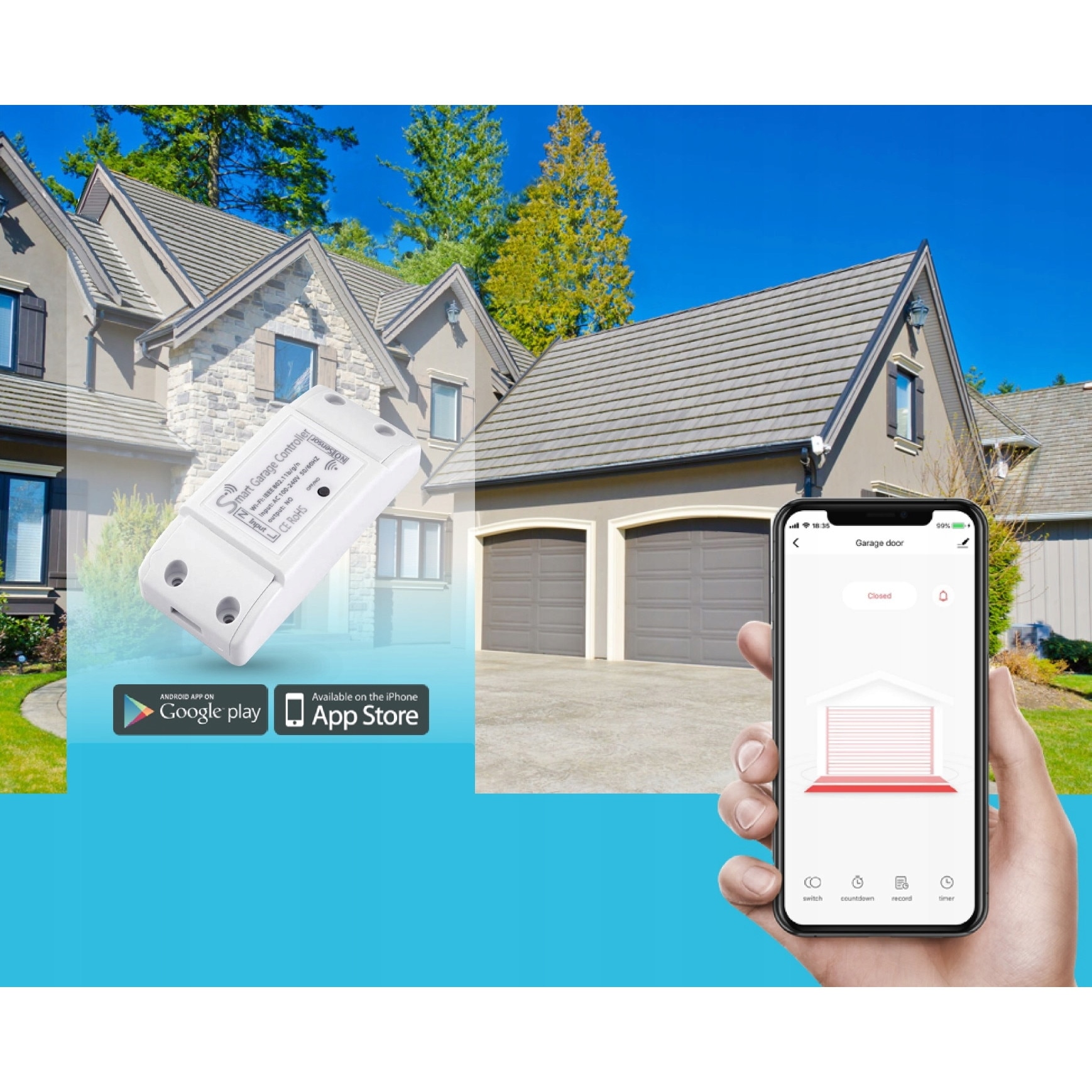 Dispozitiv de control poarta garaj, Releu inteligent WiFi, 10A, comanda ...