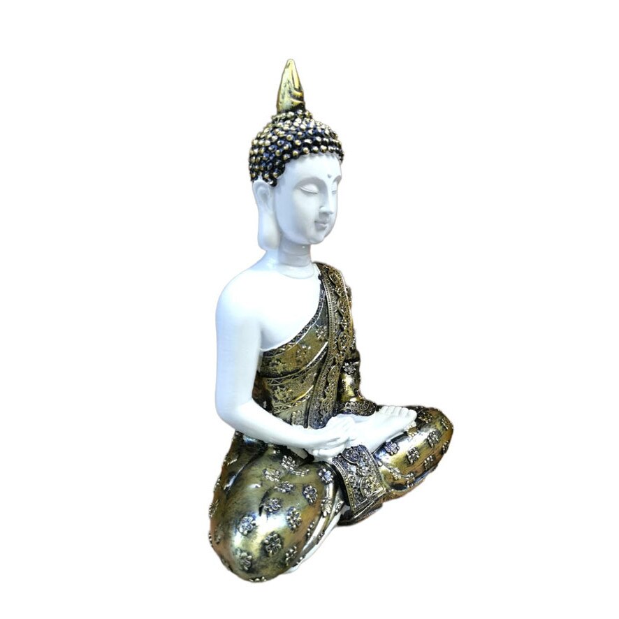 Statueta Buddha Meditation, din rasina, accente aurii, 27 cm, alb, Doty ...
