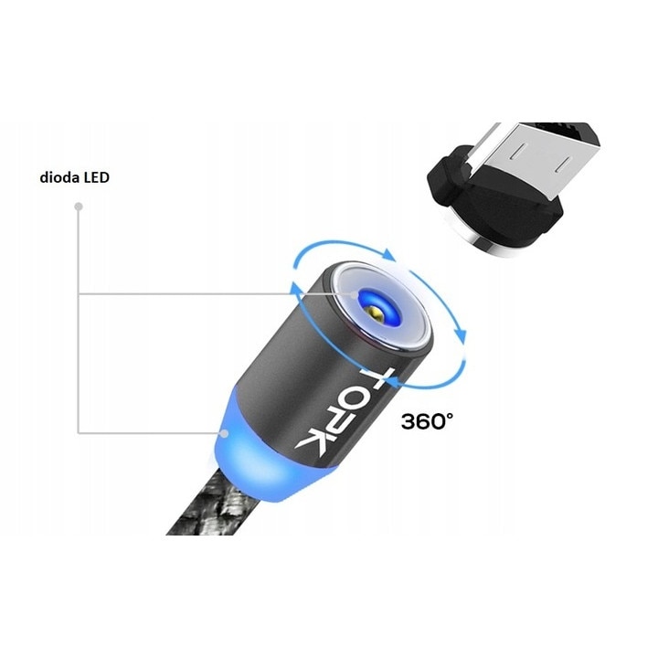 Cablu magnetic USB, Topk, 8 pini, LED, 2M, Nylon, Auriu - eMAG.ro