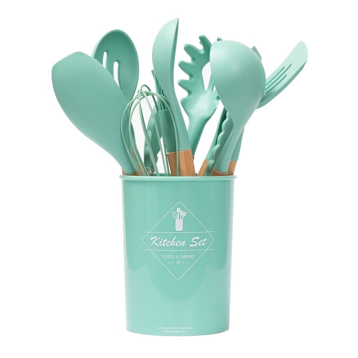 Set de 12 ustensile universale de bucatarie, material silicon si maner ...