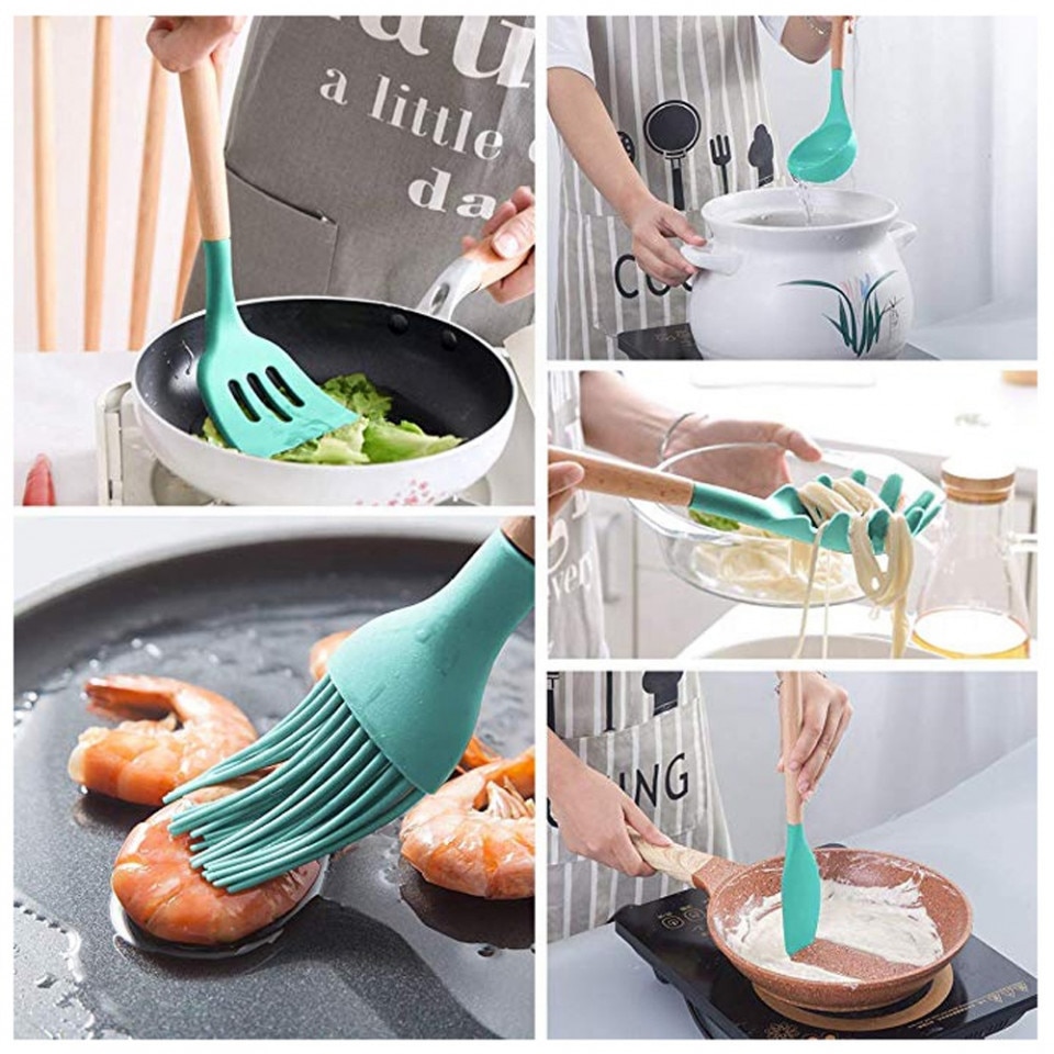 Set de 12 ustensile universale de bucatarie, material silicon si maner ...