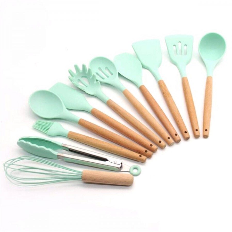 Set de 12 ustensile universale de bucatarie, material silicon si maner ...