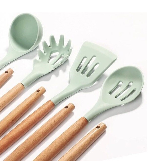 Set de 12 ustensile universale de bucatarie, material silicon si maner ...