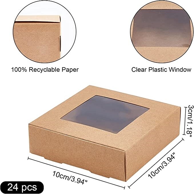 Set artizanal 24 cutiute carton cu fereastra DIY, kraft, 10x10x3cm ...
