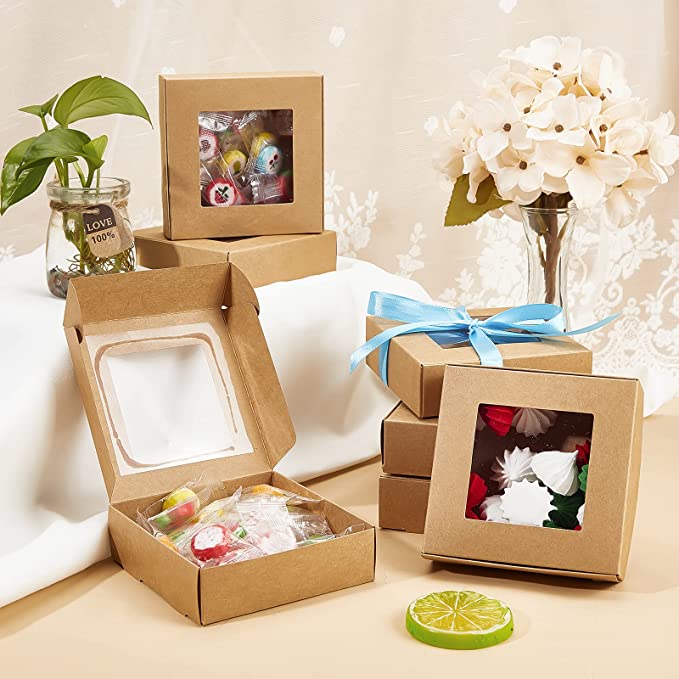 Set artizanal 24 cutiute carton cu fereastra DIY, kraft, 10x10x3cm ...