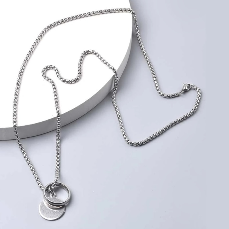 Lant, model steel circle, pandantiv rotund si inel, argintiu, unisex ...