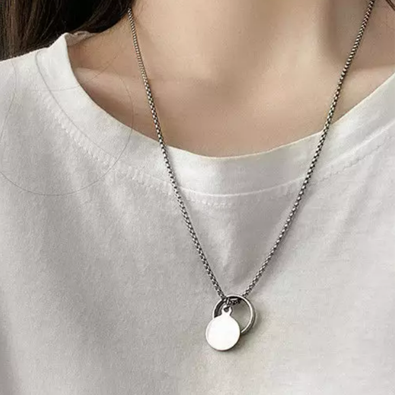 Lant, model steel circle, pandantiv rotund si inel, argintiu, unisex ...