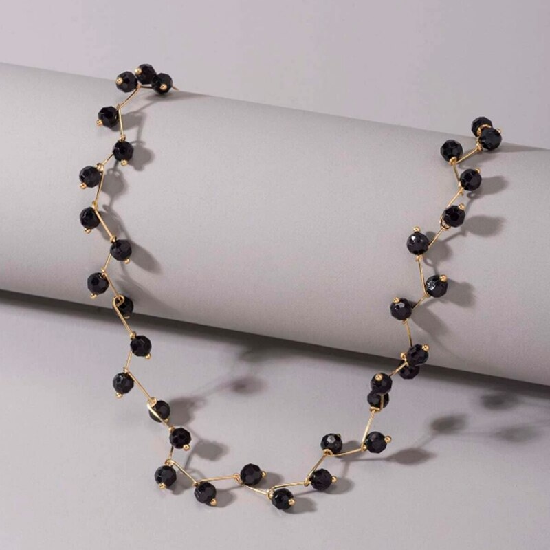 Colier dama, model la baza gatului, auriu, cu cristale negre, reglabil ...