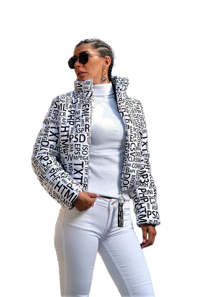 Geaca scurta de fas Pamela Letters, Alb-Negru, Marimea XL - eMAG.ro