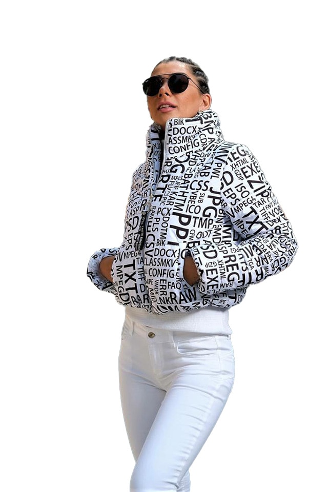 Geaca scurta de fas Pamela Letters, Alb-Negru, Marimea XL - eMAG.ro