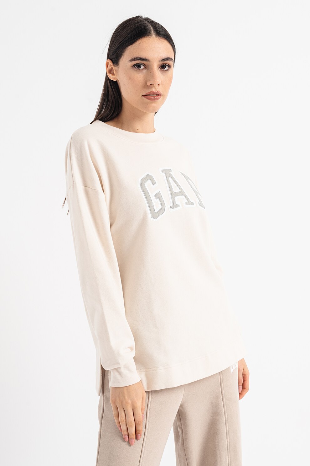 GAP, Суитшърт със свободна кройка и цепки, Крем, M - eMAG.bg