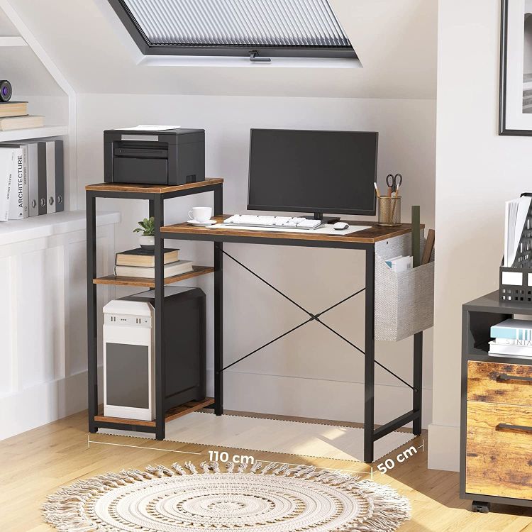 Birou model rustic cu biblioteca, cadru metalic, suport lateral, usor ...