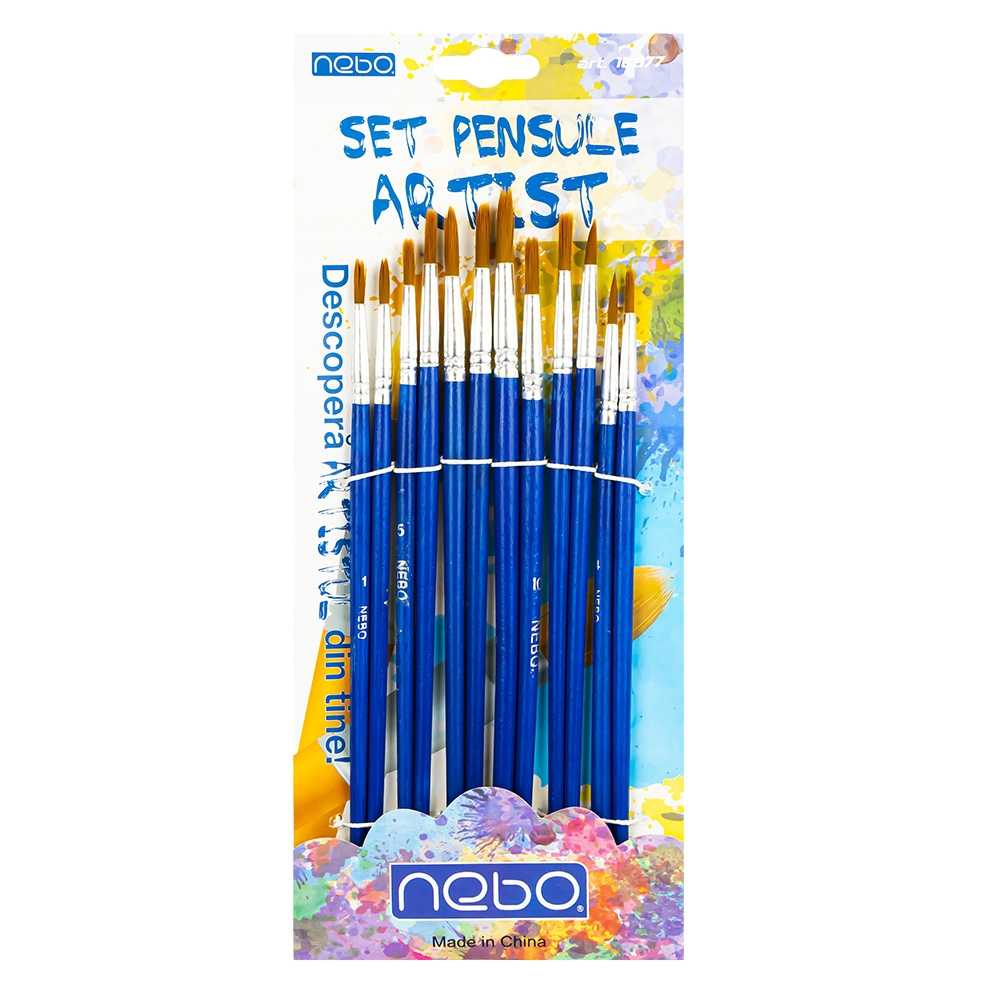 Комплект от 12 сини четки с кръгъл връх, NEBO Artist - eMAG.bg