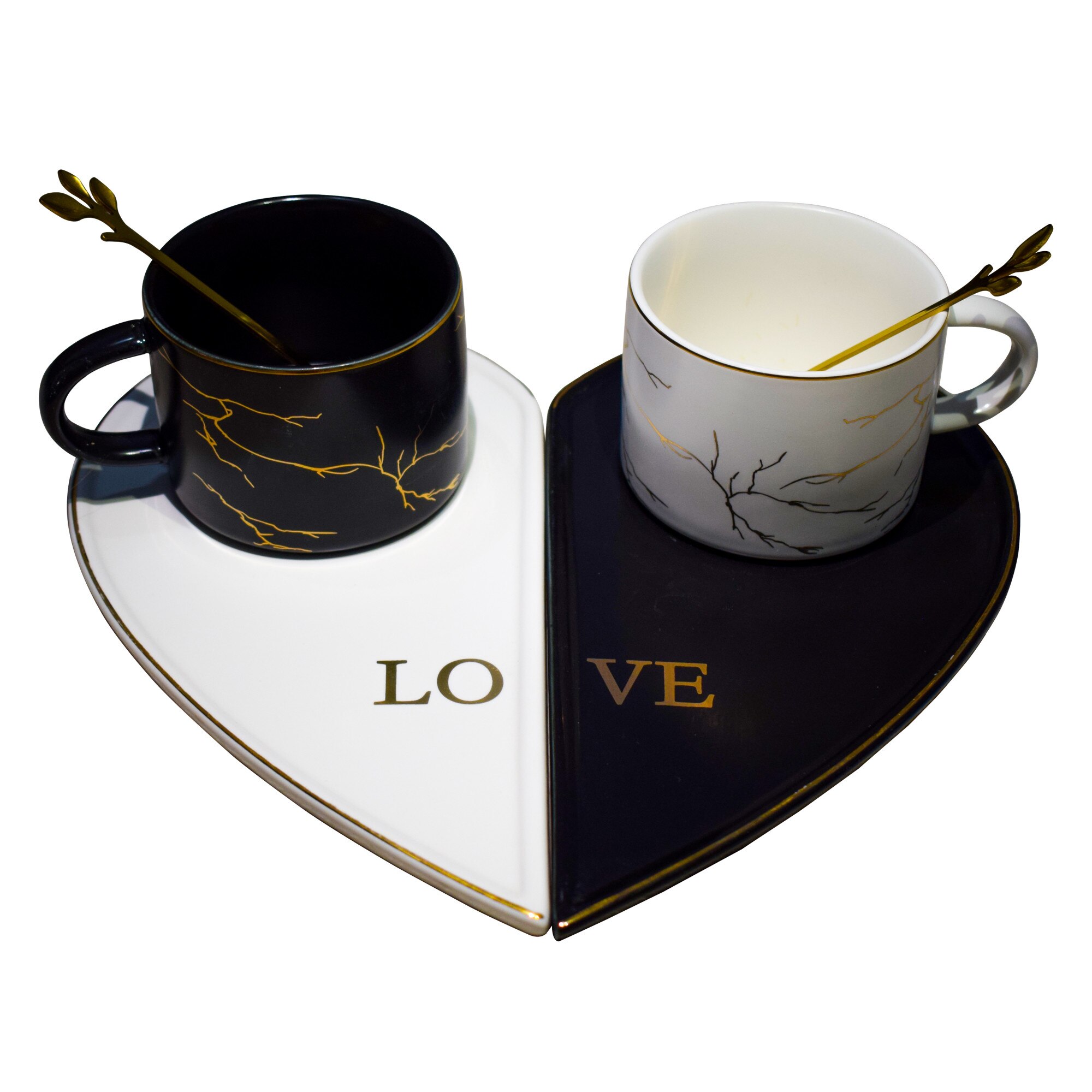 Set cesti cafea cu farfurie in forma de inima, Ceramica, Alb/Negru, 200 ...