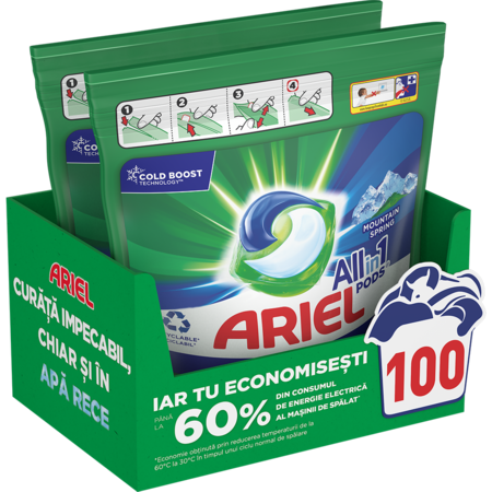 Detergent de rufe capsule Ariel All in One PODS Mountain Spring, 2x50 buc, 100 spalari - eMAG.ro