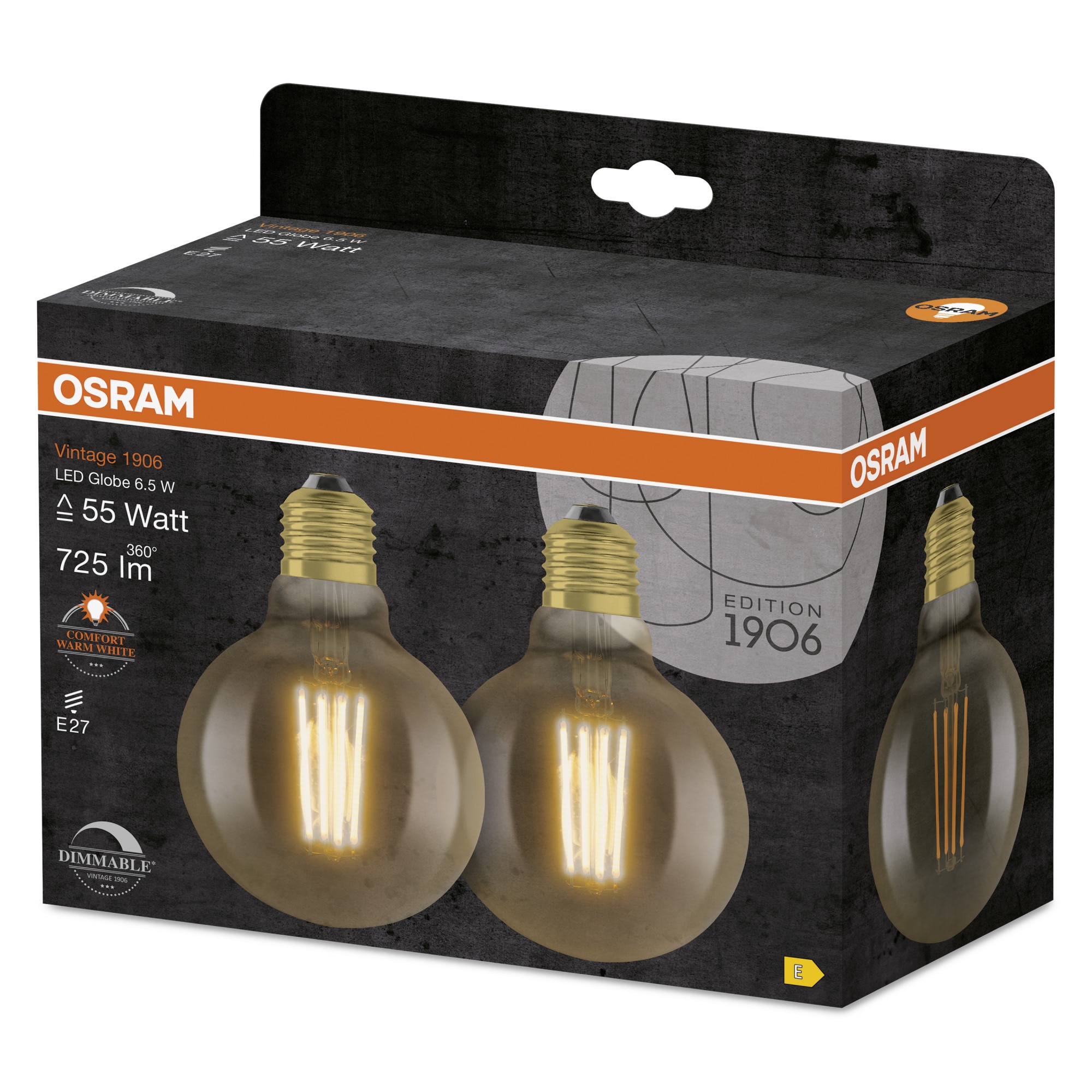Set 2 becuri LED vintage (decorativ) Osram 1906 Globe 95, dimabil, filament, E27, 6.5W (55W ...