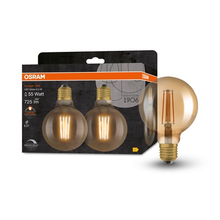 Set 2 becuri LED vintage (decorativ) Osram 1906 Globe 95, dimabil, filament, E27, 6.5W (55W ...