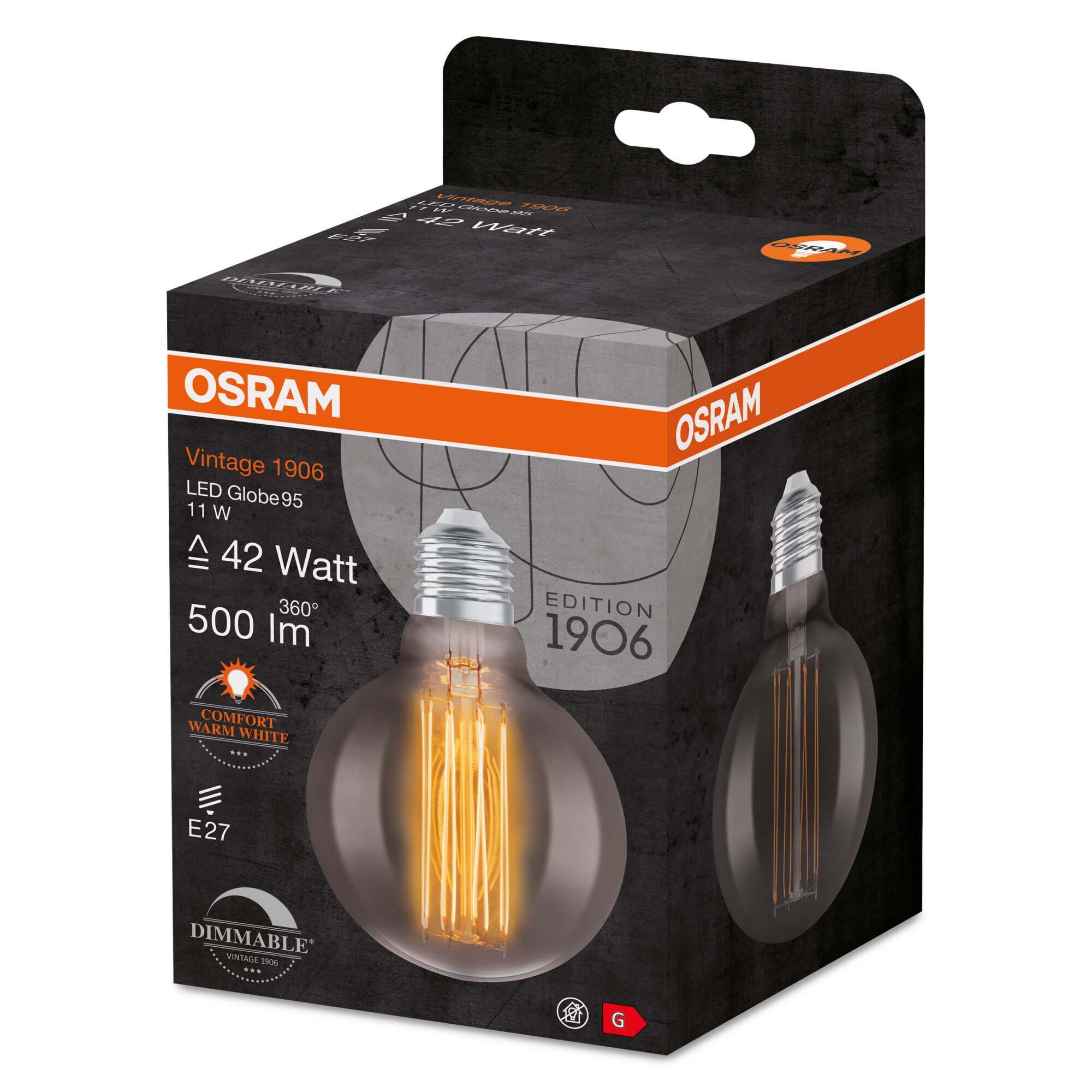 Bec LED vintage (decorativ) Osram 1906 Globe 95, dimabil, filament, E27, 11W (42W), 500 lm ...