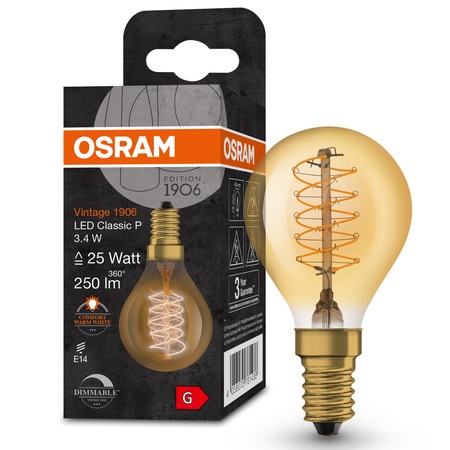 Bec LED vintage (decorativ) Osram 1906 Globe P25, dimabil, filament, E14, 3.4W (25W), 250 lm ...