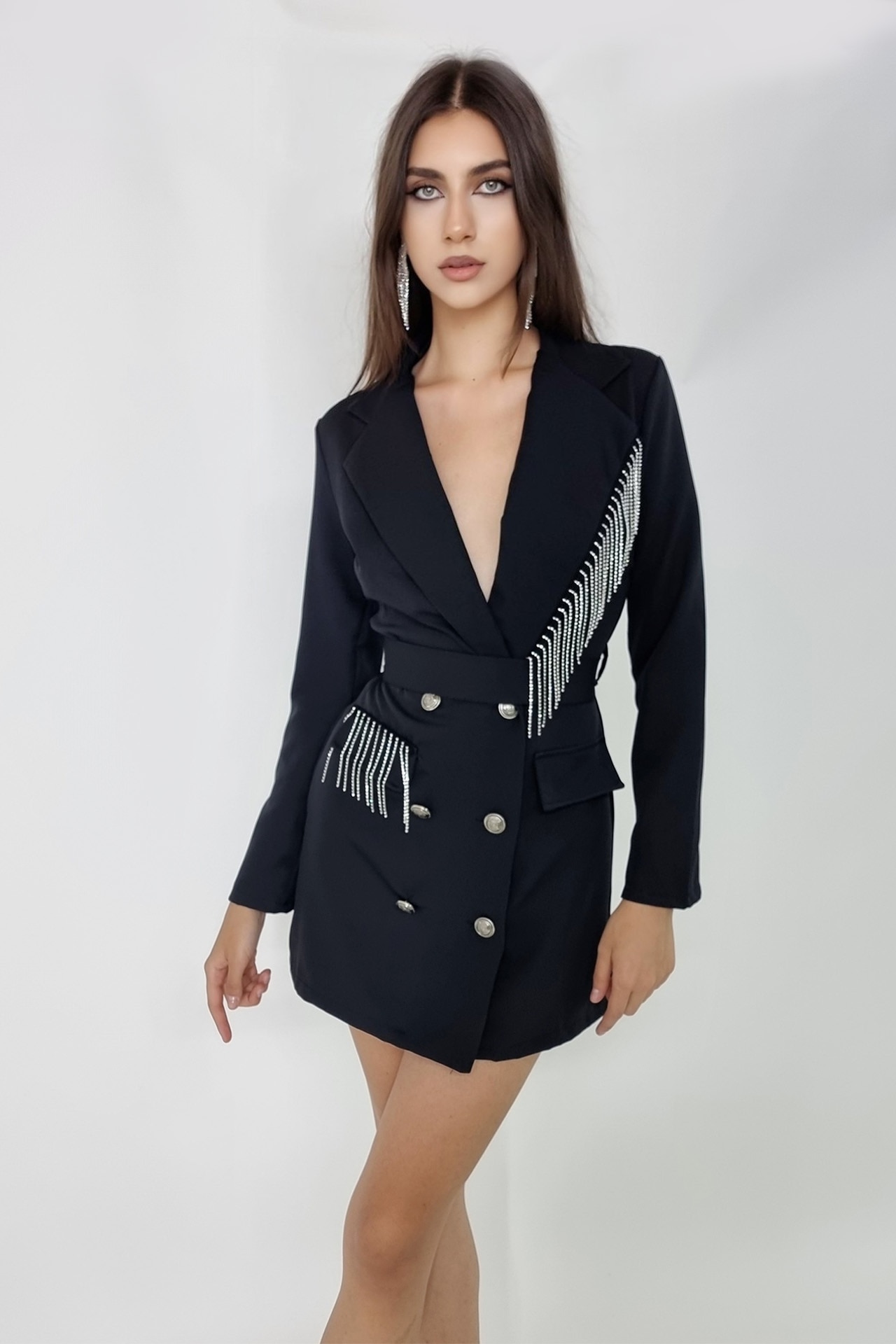 Rochie tip sacou Tiffany, accesorizata cu franjuri metalici, Negru ...