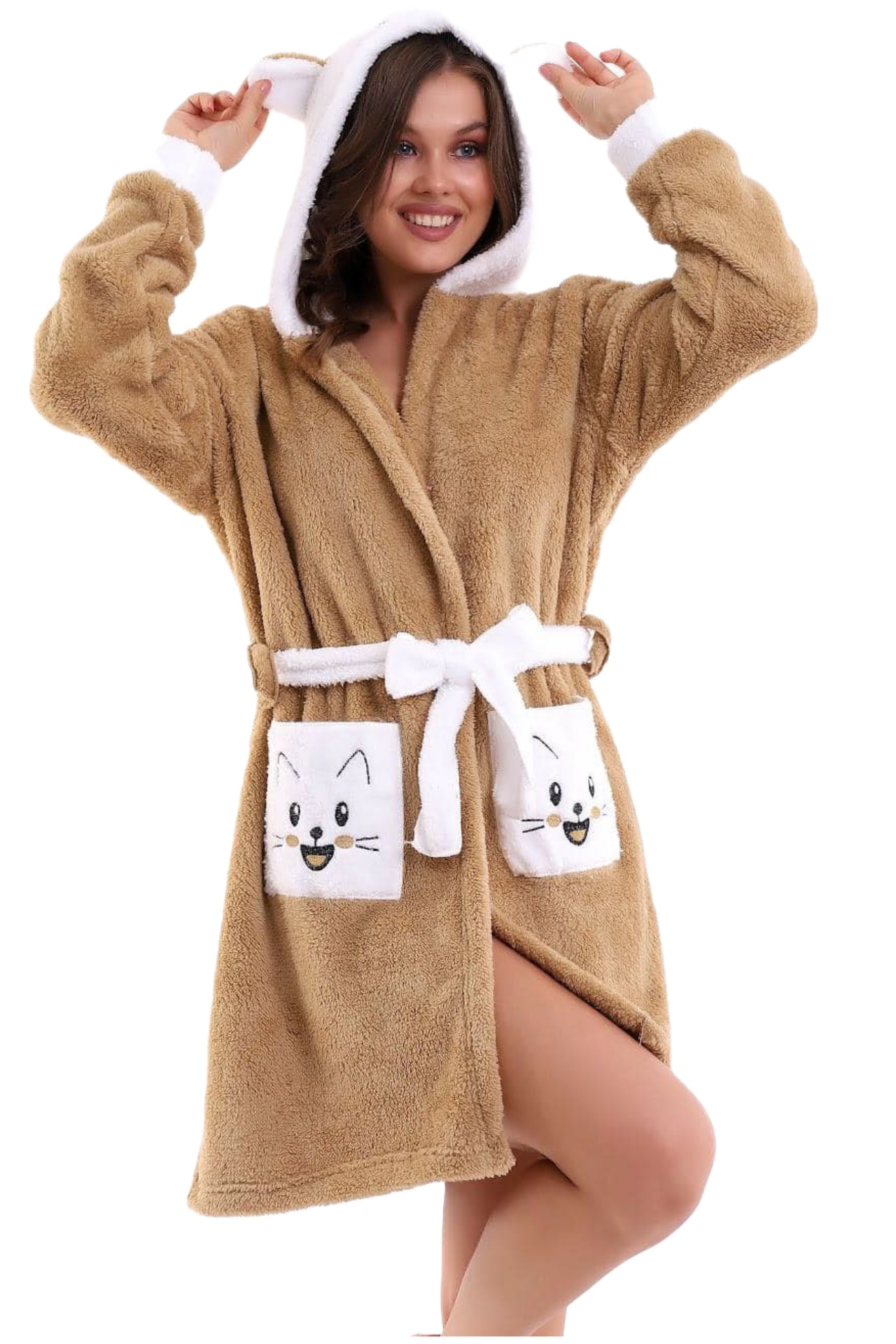 Halat cocolino de casa dama, pufos, cu gluga, imprimeu Pisicuta, maro ...