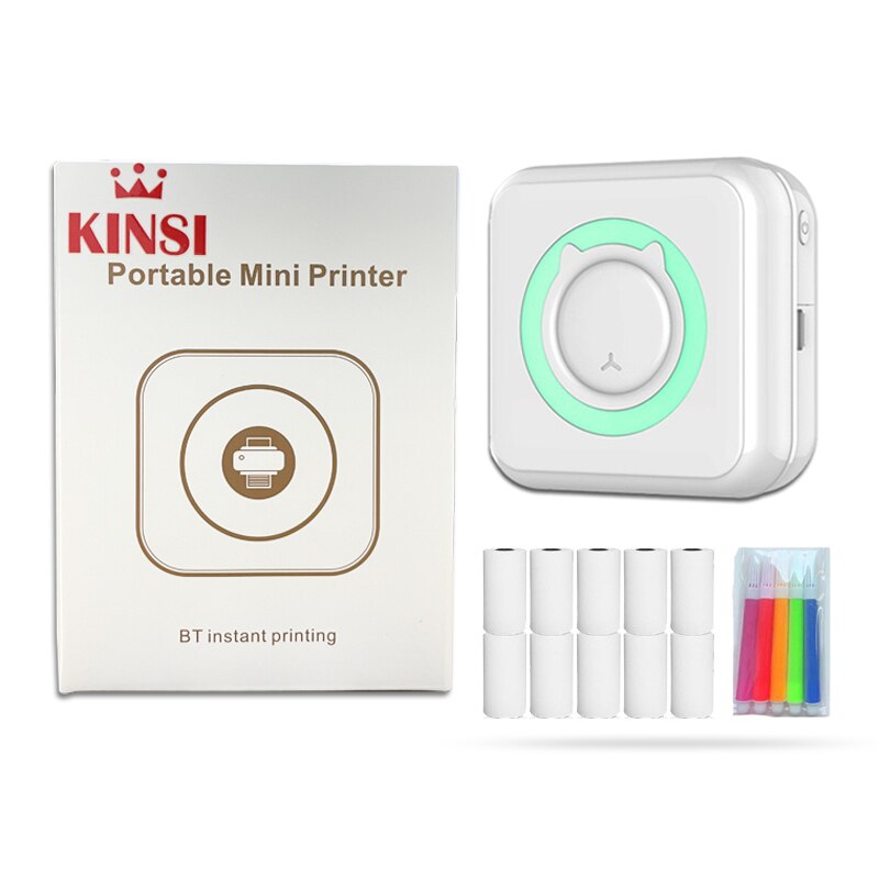 KINSI Mini hőnyomtató készlet, 10 papírtekercs 57x25 mm, színes toll ...