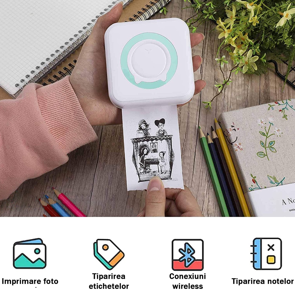 Set Mini imprimanta termica si 13 role hartie 57x25mm, Set de stilouri ...