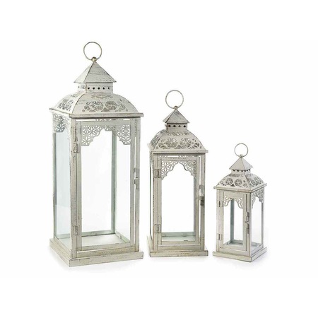 Set 3 felinare metal alb antichizat 22x22x62 cm, 17x7x48 cm, 12x12x32.5 ...