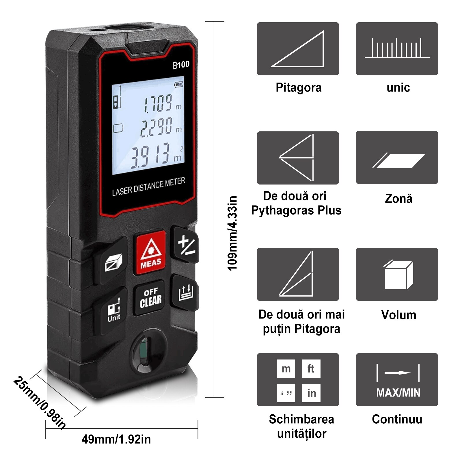 Telemetru cu laser, G4214-40, Goxawee, M/in/ft, Ecran LCD, Precizie ± 2 ...