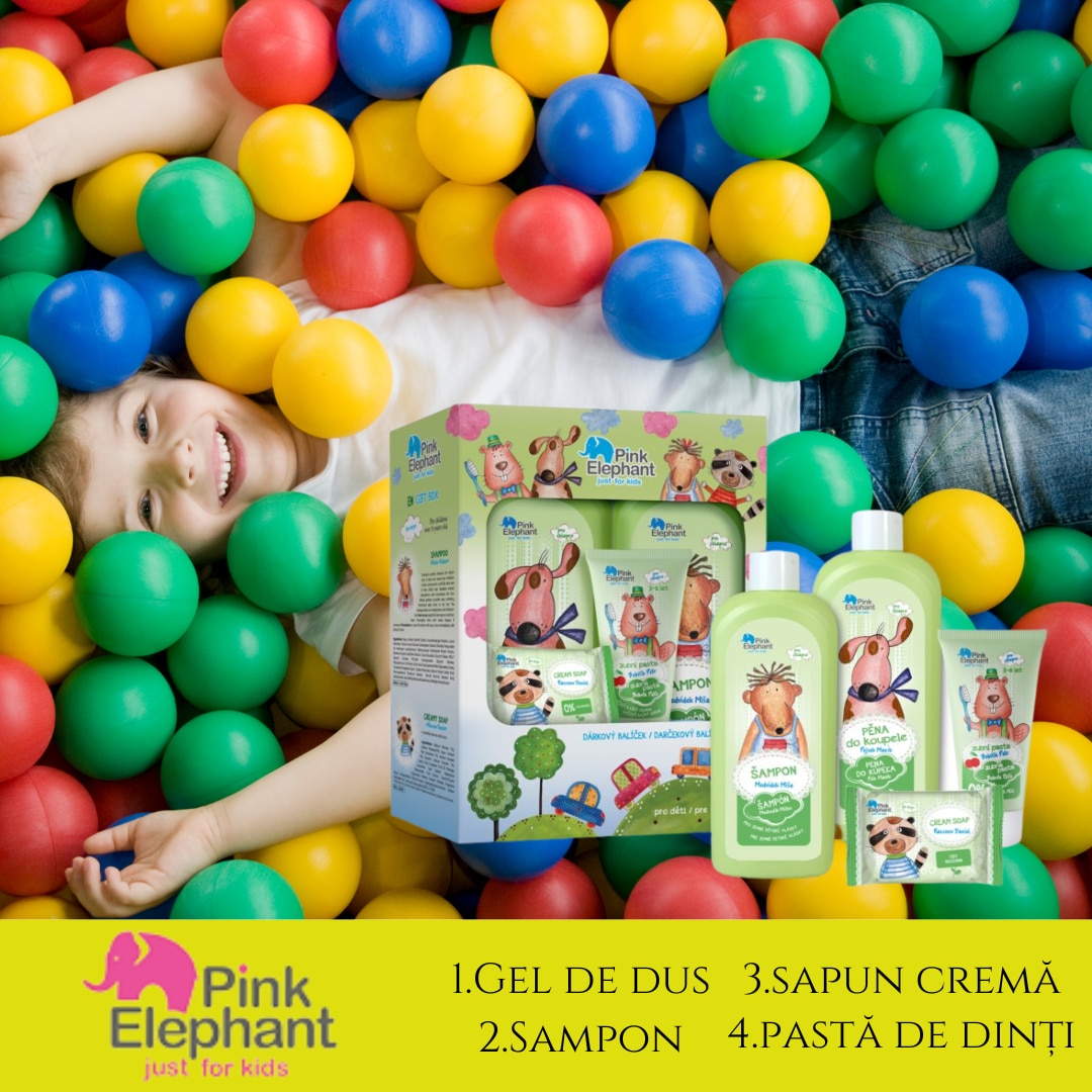 Set de Baie pentru Baieti in cutie, Pink Elephant Gift Box, 1150 ml ...