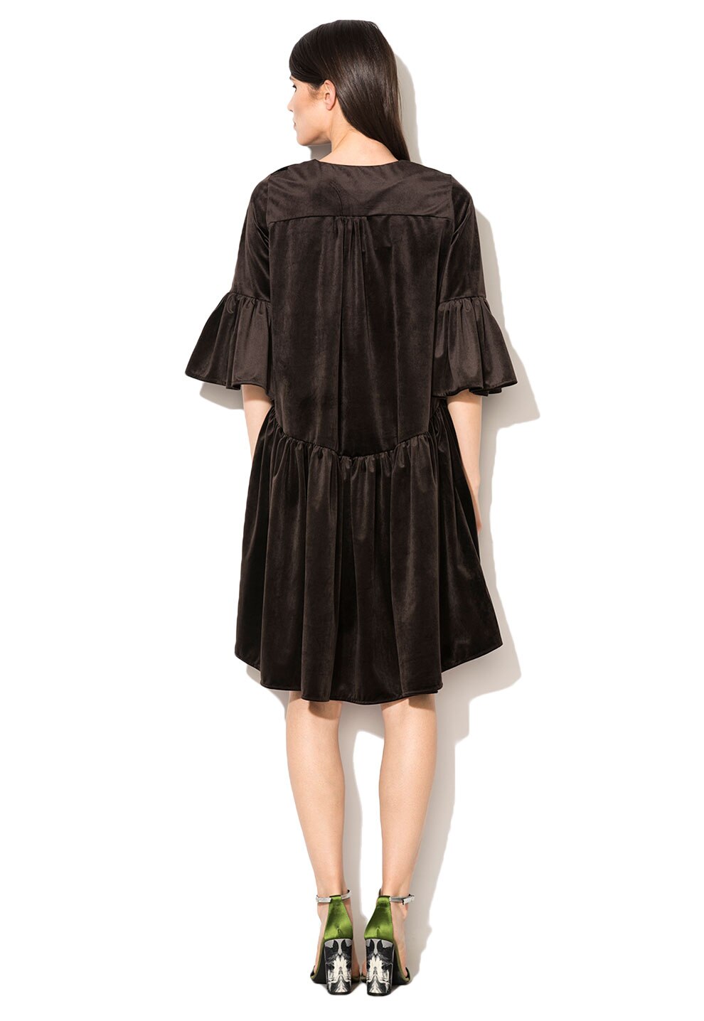 Zee Lane Collection Тъмнокафява кадифена рокля с разкроени ръкави M ...