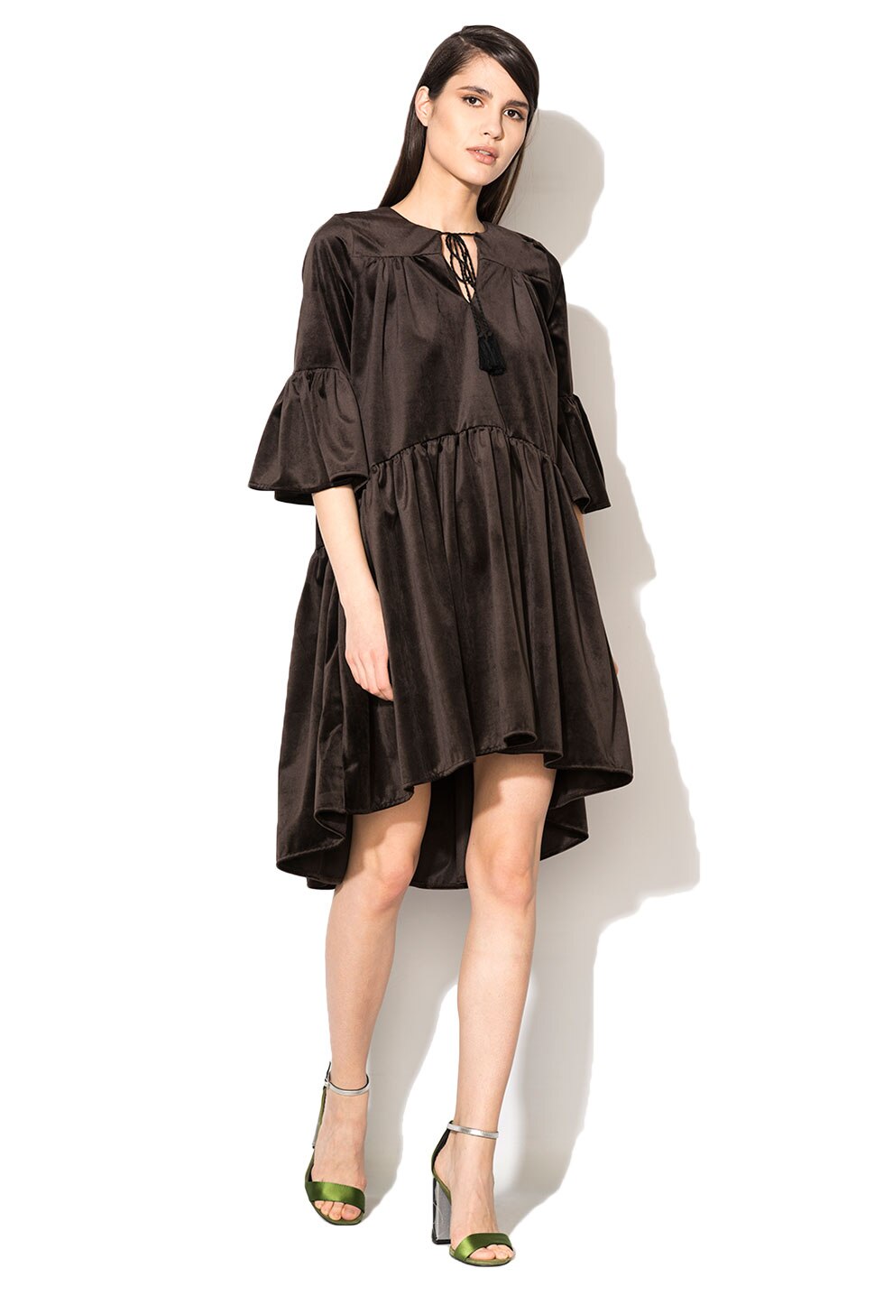 Zee Lane Collection Тъмнокафява кадифена рокля с разкроени ръкави M ...