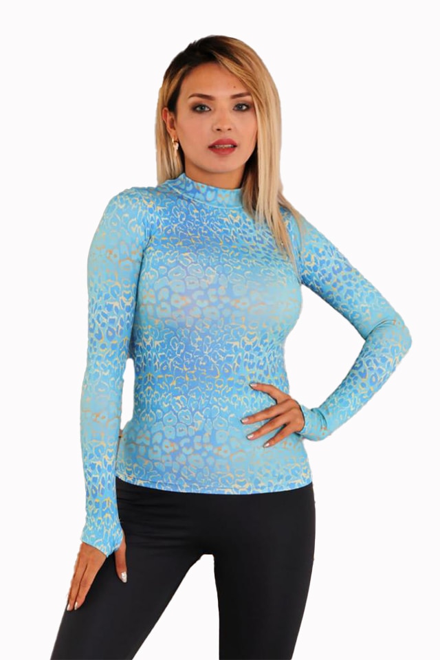 Bluza cropped Bella, pe gat, Bubbles, Albastru azur, Marimea XL - eMAG.ro