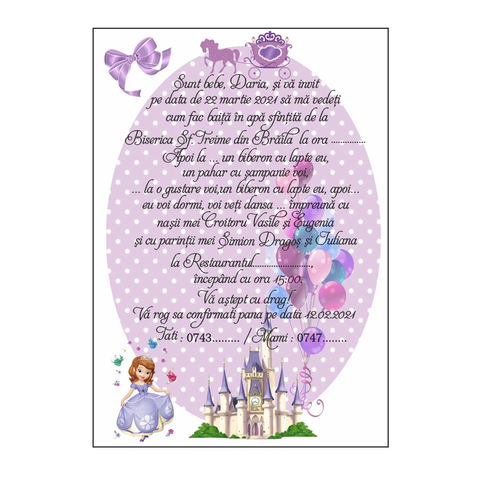 Invitatie Botez, Model IC9, Printesa Sofia, Format A5 - eMAG.ro