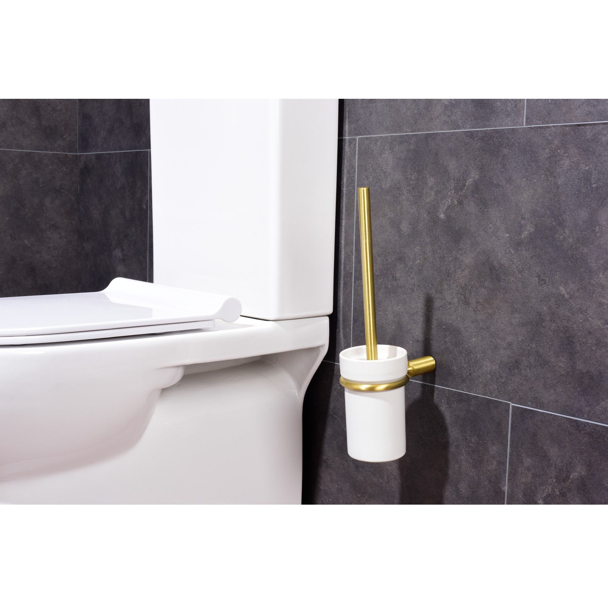 Perie WC Tube, din ceramica si metal, fixare prin gaurire, auriu lucios ...
