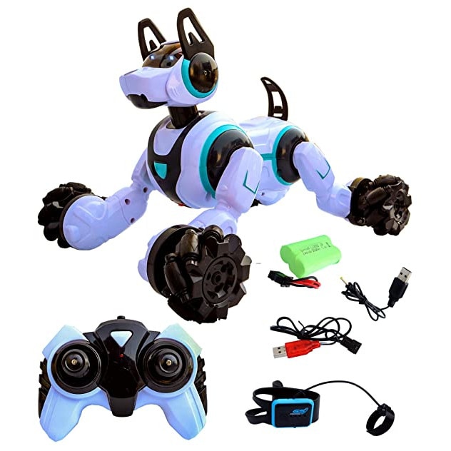 Robot catel inteligent cu telecomanda, Stunt dog, rotire 360 grade, alb ...