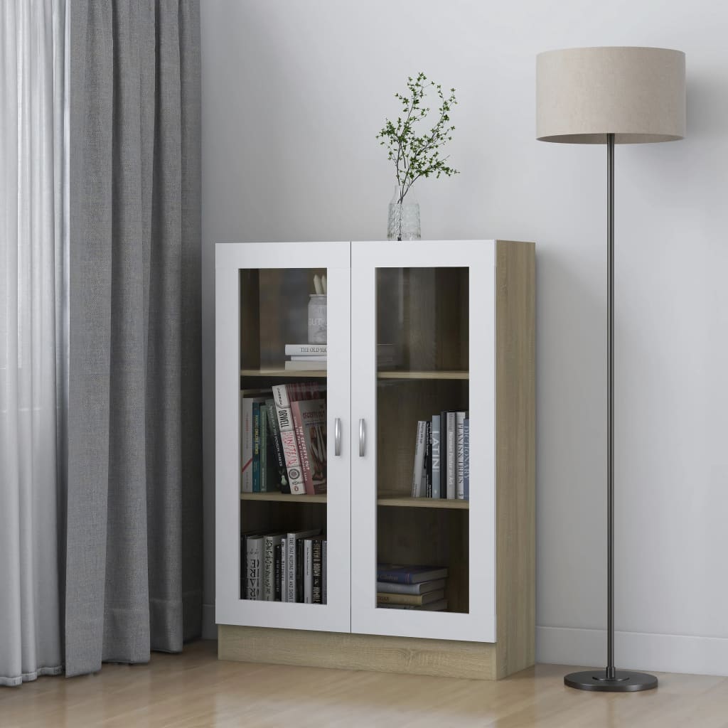 Dulap cu vitrina, alb&stejar Sonoma, 82,5x30,5x115 cm, PAL, pentru ...