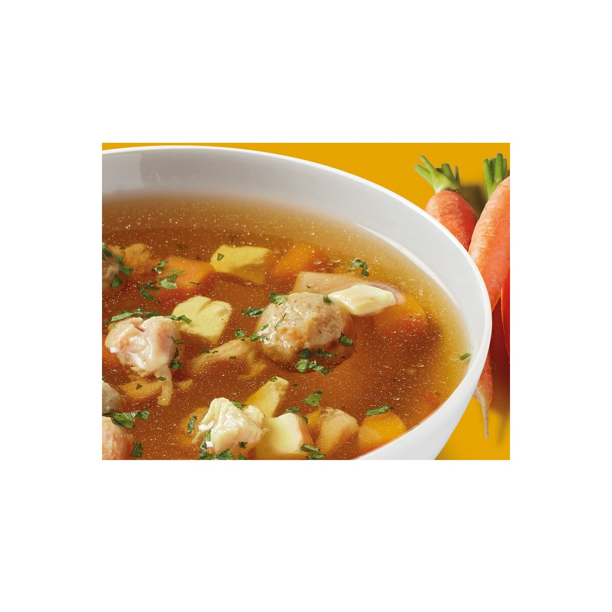 Supa gata preparata, bouillon de pui, cu chiftelute de pasare, 400 ml ...