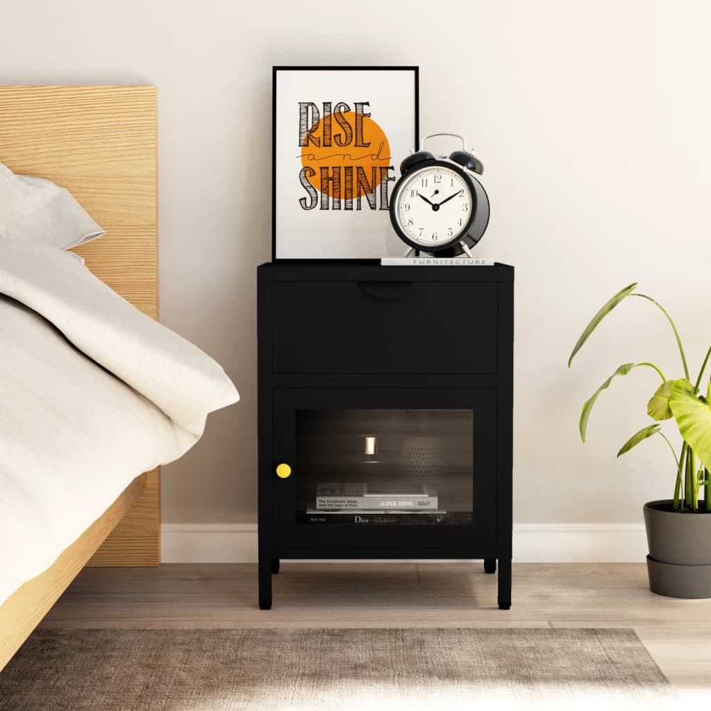 Noptiera, in stil scandinav, negru, 40x30x54,5 cm, otel si sticla ...