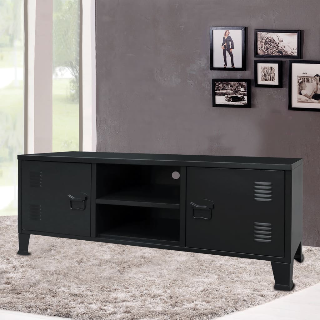 Comoda TV din metal, stil industrial, 120 x 35 x 48 cm, negru, Usor de ...