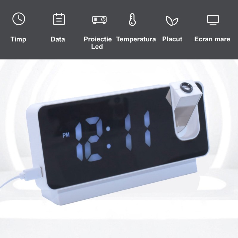 Ceas Digital cu Led Alb si Proiectie Pana la 3M, Alarma, Temperatura ...
