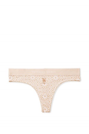 Chiloti tanga Victoria's Secret, Logo Cotton Thong Panty, Crem/Florali ...