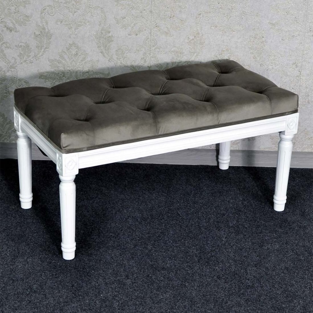 Bancheta stil clasic 80x40x41cm, lemn alb - tapiterie gri - eMAG.ro