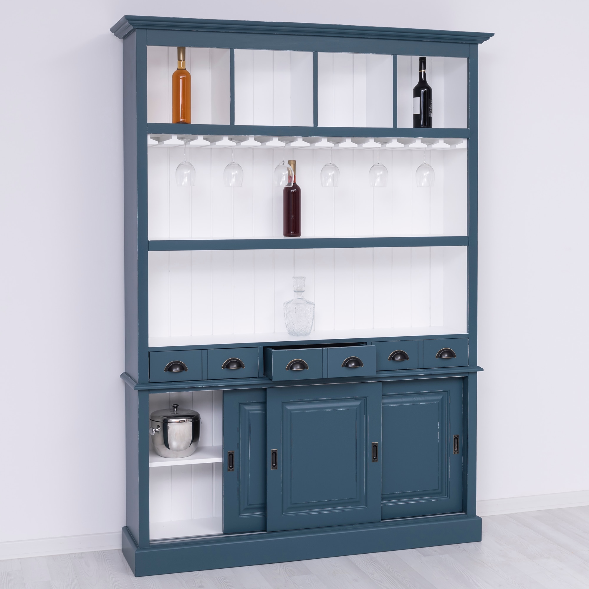 Mobila bar cu 3 usi, culoare exterior albastru inchis, interior alb ...