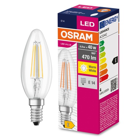 LED крушка Osram Classic B, E14, 4W (40W), 470 лумена, Топла светлина (2700K), Енергиен клас E ...