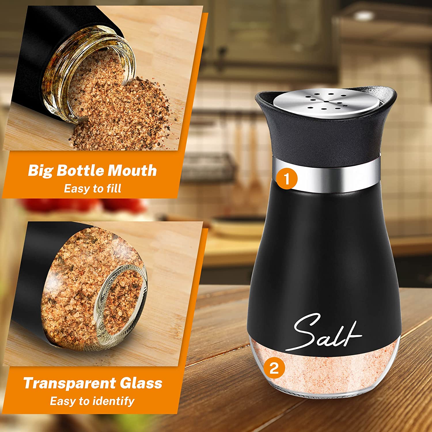 Set recipient sare/piper, Sticla/Inox, 120ml, Negru - eMAG.ro