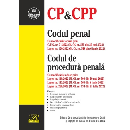Codul Penal. Codul De Procedura Penala Ed.28 Act. 4 Septembrie 2022 ...