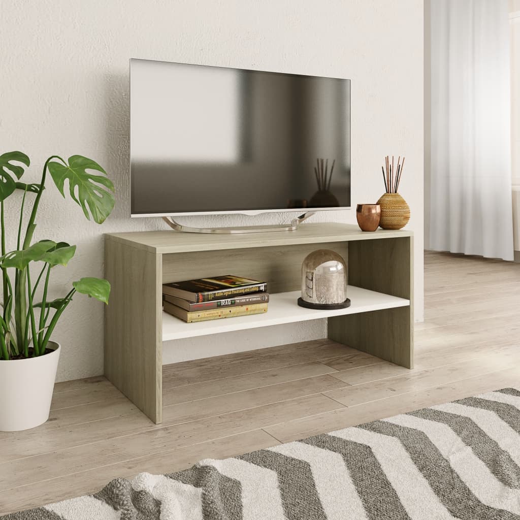 Comoda TV Moderna, alb si stejar sonoma, Pentru sufragerie, 80 x 40 x ...