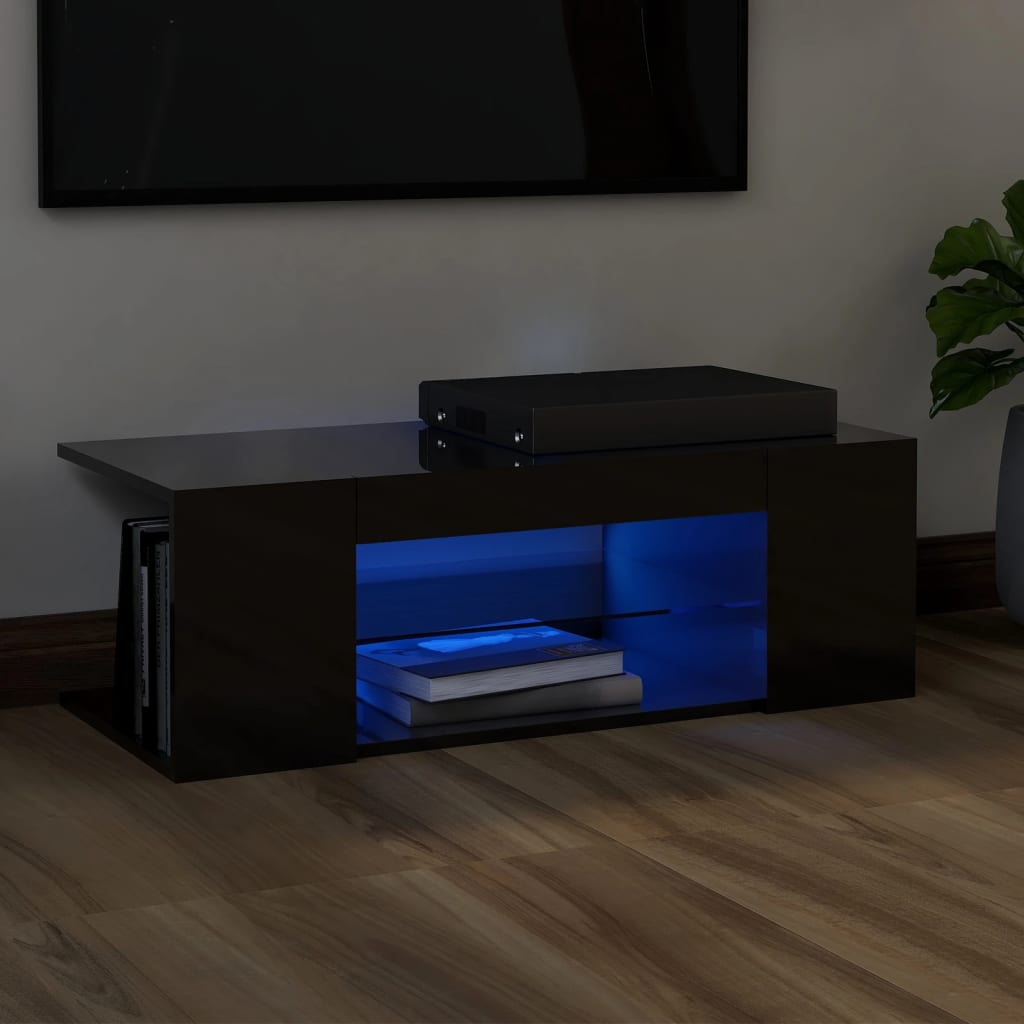 Comoda TV cu lumini LED, negru extralucios, 90x39x30 cm, Usor de montat ...