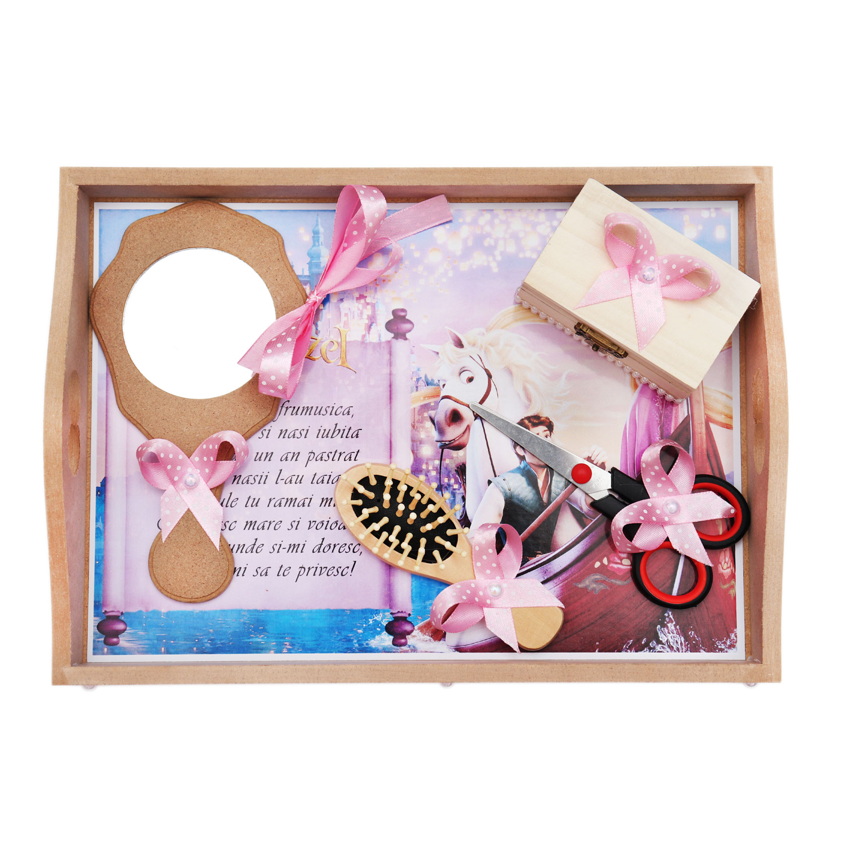 Set tava pentru taiere mot/turta fete, model cu Rapunzel, 6 piese, roz ...